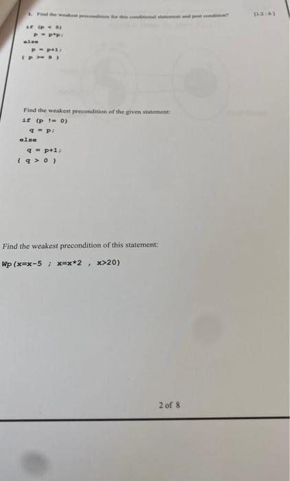 Solved 1. Find the weakest precondition for this conditional | Chegg.com