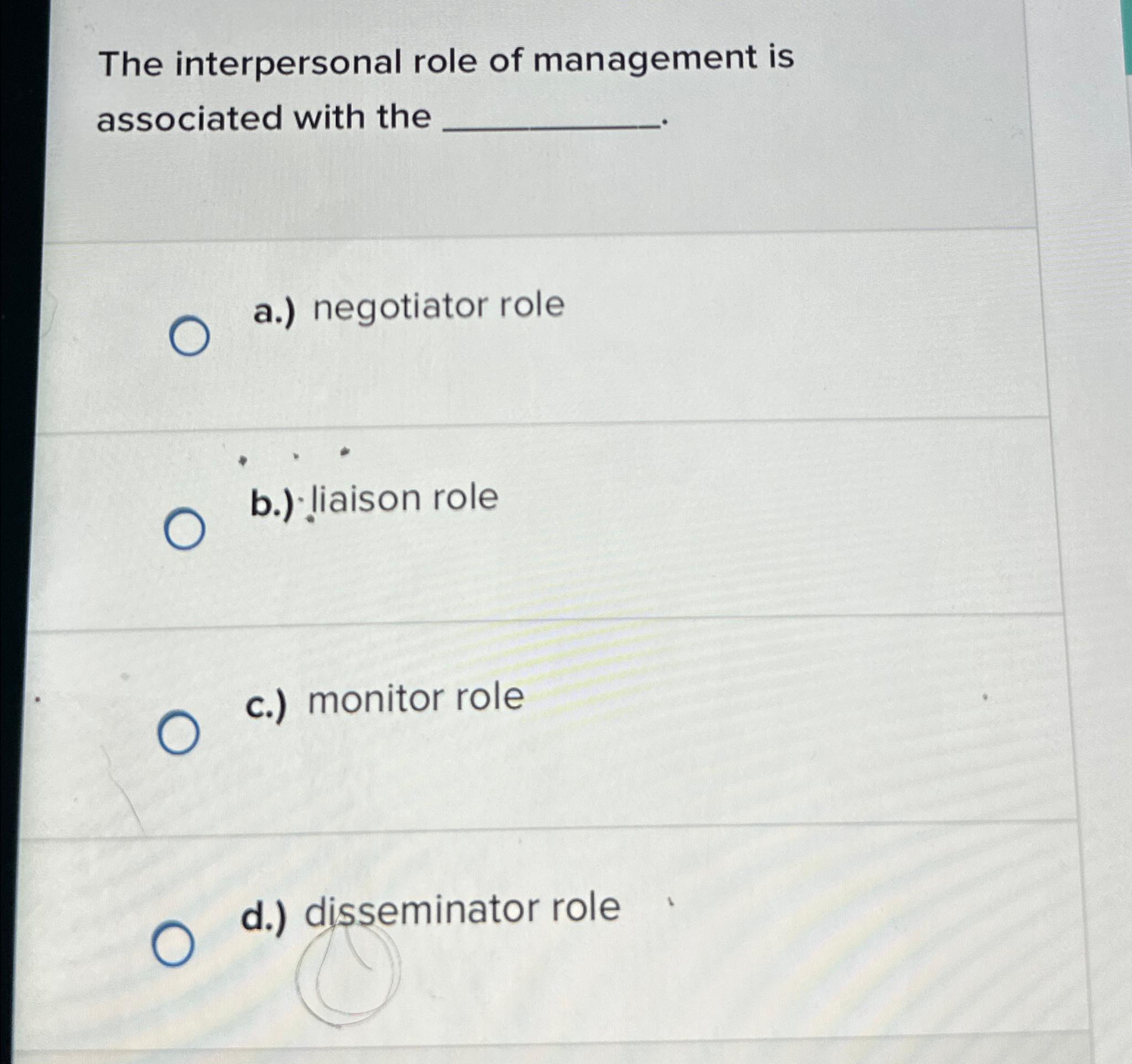 Solved The interpersonal role of management is associated | Chegg.com