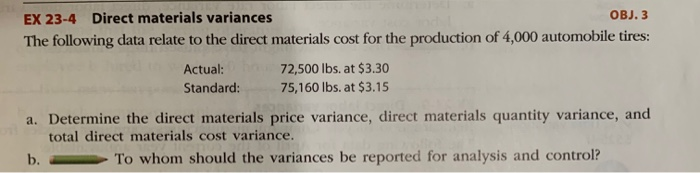 Solved EX 23-4 Direct materials variances OBJ. 3 The | Chegg.com