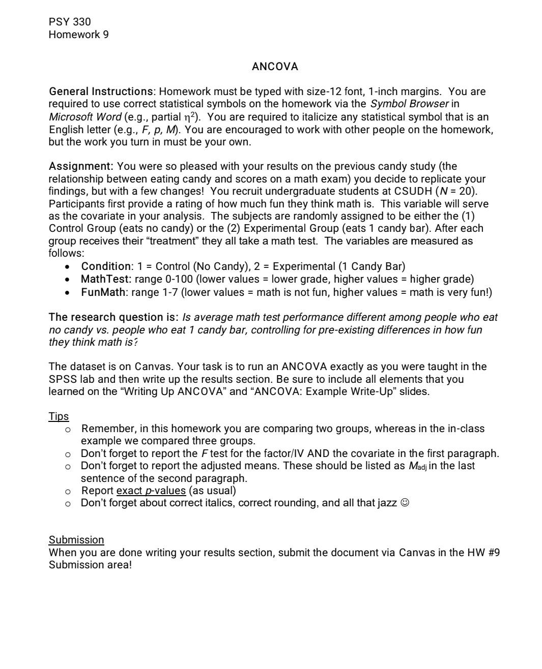 Solved ANCOVA General Instructions: Homework must be typed | Chegg.com