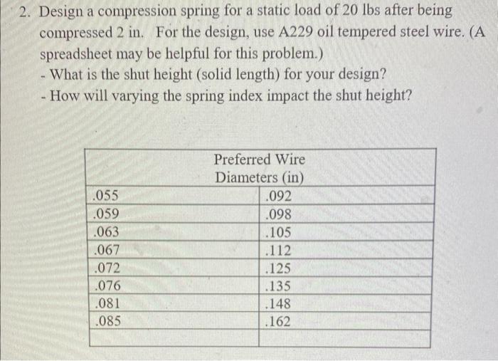 2. Design a compression spring for a static load of | Chegg.com