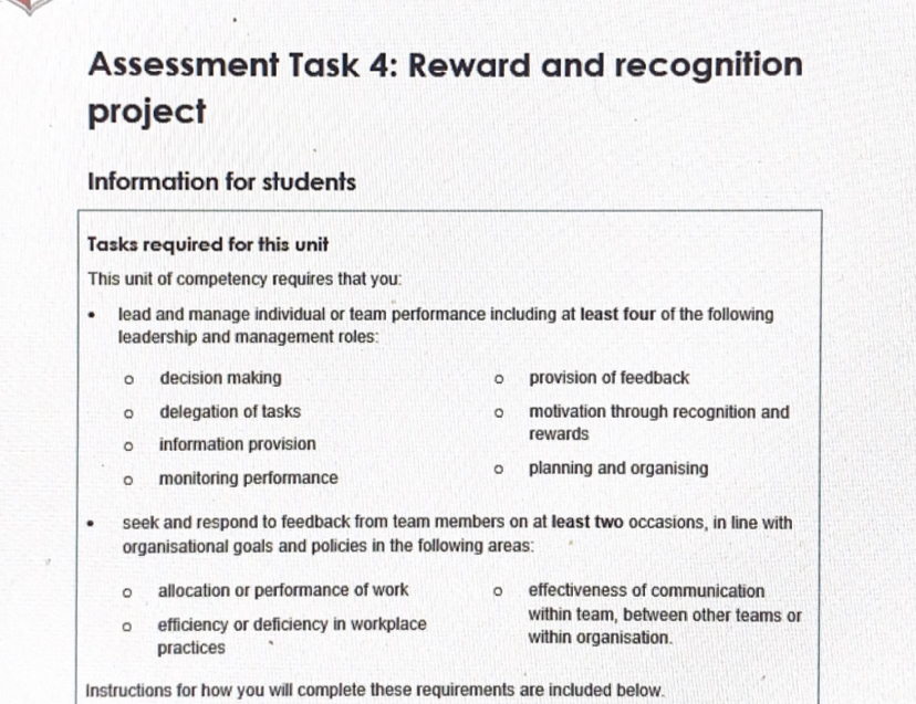 Solved • ﻿Assessment Task 4: Reward and recognition | Chegg.com