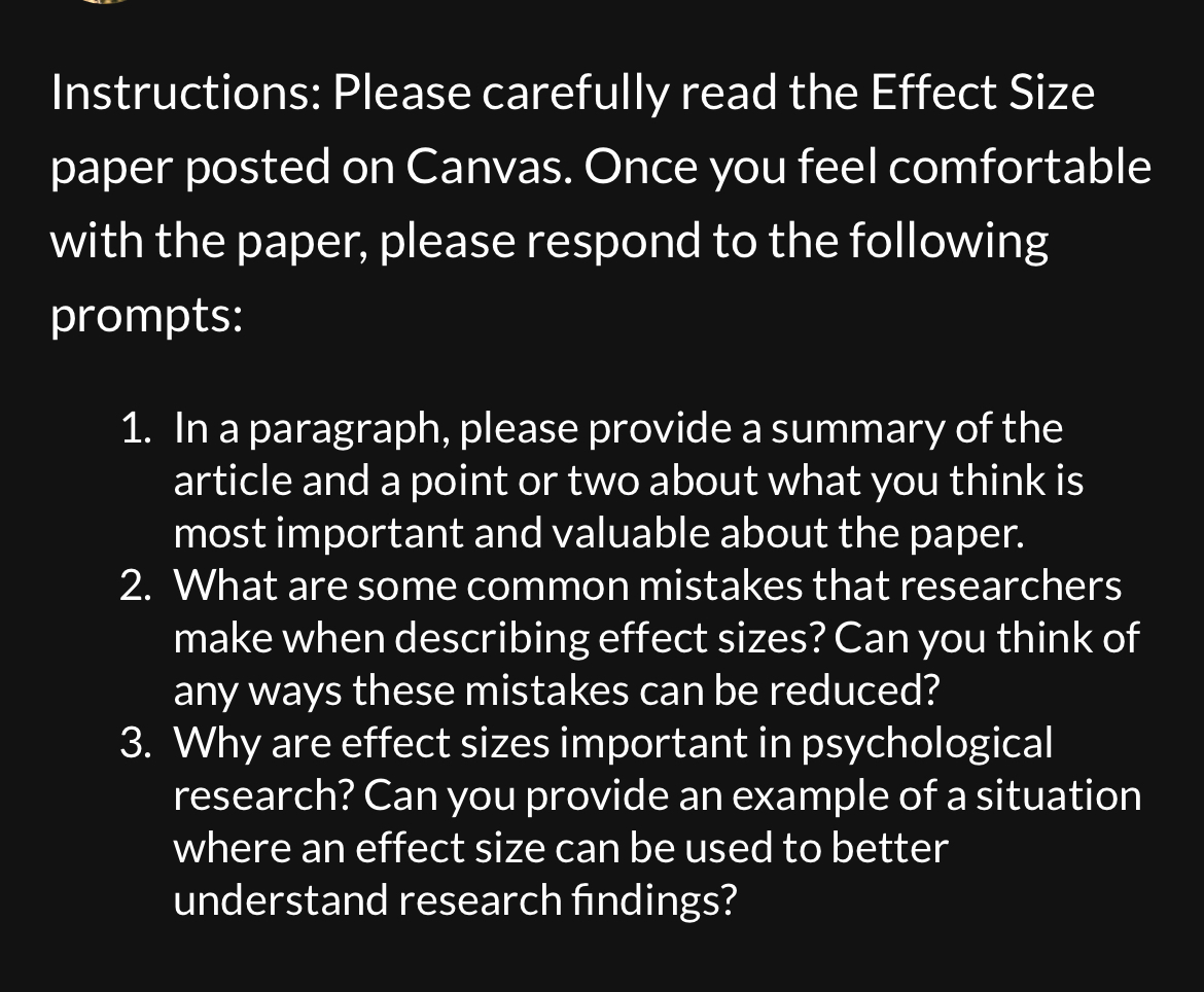 Solved Instructions: Please carefully read the Effect Size | Chegg.com