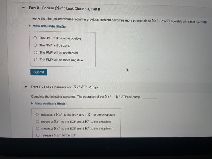 Solved Part D-Sodium (Na+) Leak Channels, Part II Imagine | Chegg.com