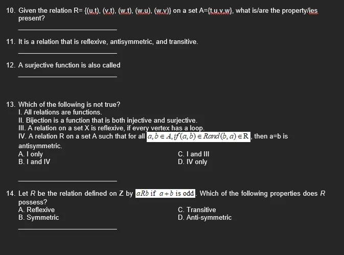 Solved 10. Given the relation R= {(u.t). (v.t), (w.t), | Chegg.com