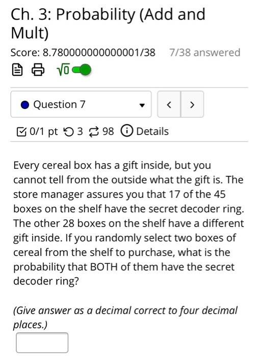Solved Ch. 3: Probability (Add and Mult) Score: | Chegg.com