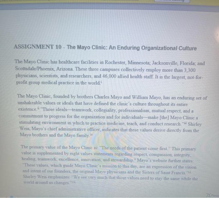 Solved ASSIGNMENT 10 - The Mayo Clinic: An Enduring | Chegg.com