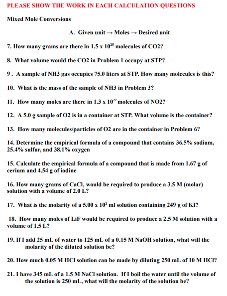 Solved Mixed Mole ConversionsPlease answer all of the | Chegg.com