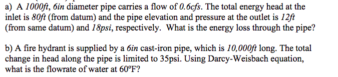 Solved a) ﻿A 1000ft, 6in diameter pipe carries a flow of | Chegg.com