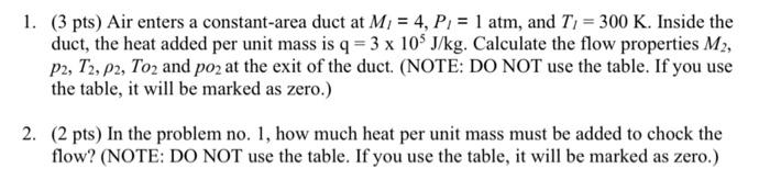 Solved 1. (3 pts) Air enters a constant-area duct at M1 = 4, | Chegg.com