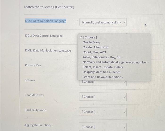 Solved Match the following (Best Match) DDL: Data Definition | Chegg.com