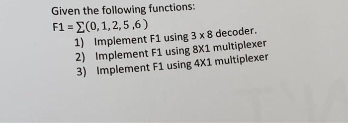 Solved Given the following functions: F1 = 2(0,1,2,5,6) 1) | Chegg.com