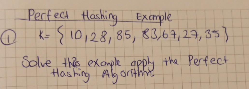 Solved Q Perfect Hashing Example K= {10,28,85, 83/64, 27, | Chegg.com