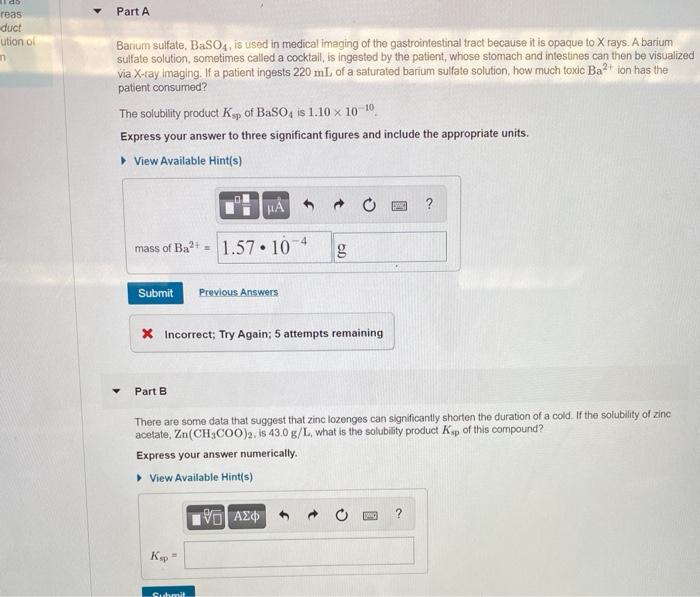 Solved Part A reas duct ution ol Barium sulfate, BaSO4, is | Chegg.com