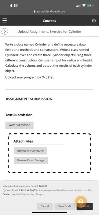 Solved 4:19 aamu.blackboard.com Courses > Upload Assignment: | Chegg.com