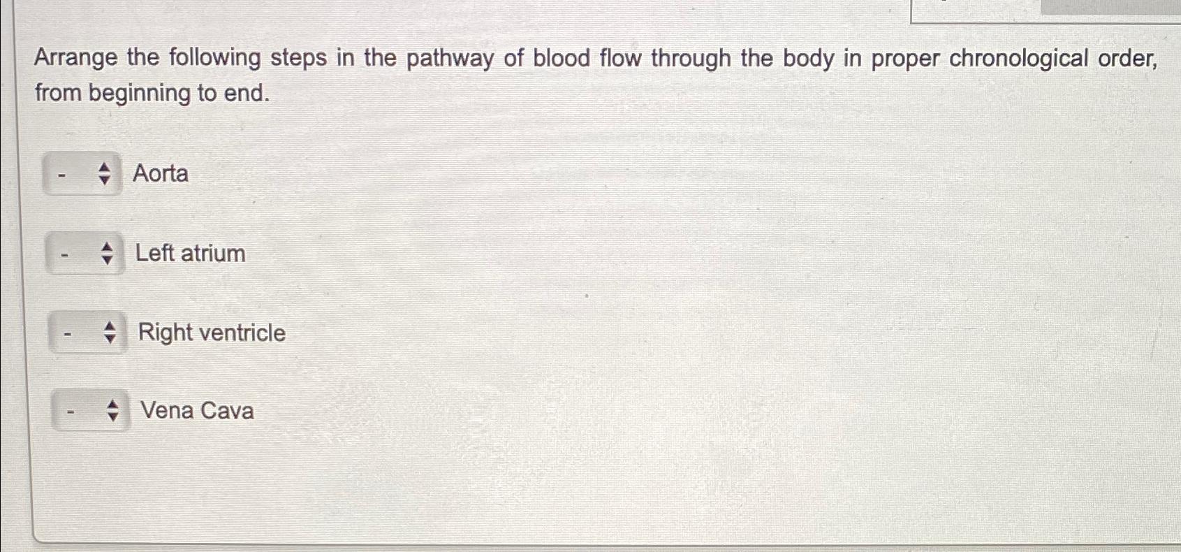 Solved Arrange the following steps in the pathway of blood | Chegg.com