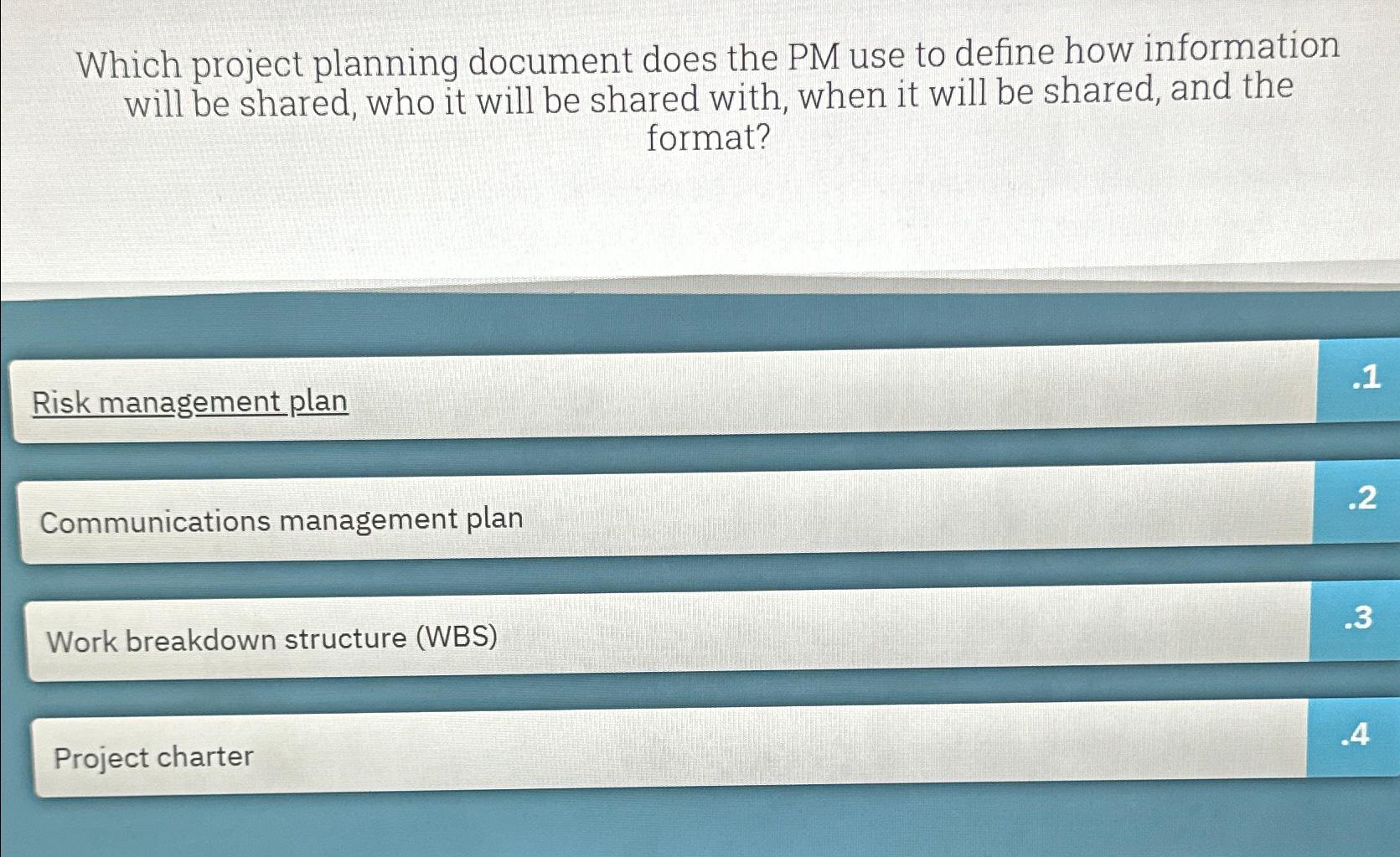 Solved Which project planning document does the PM use to | Chegg.com