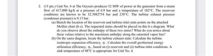Solved 2. (15 pts.) Unit No. 6 at The Geysers produces 52 MW | Chegg.com