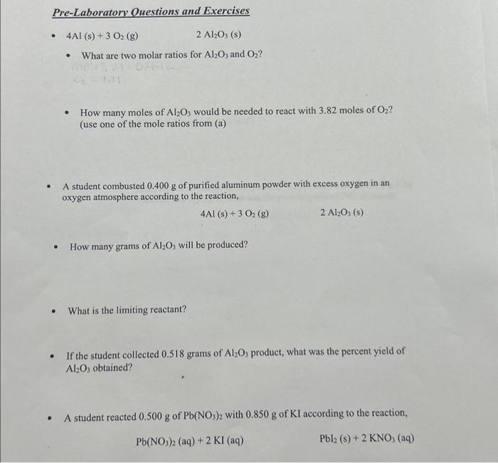 Solved Pre-Laboratory Questions and Exercises • 4A1 (s) + 3 | Chegg.com