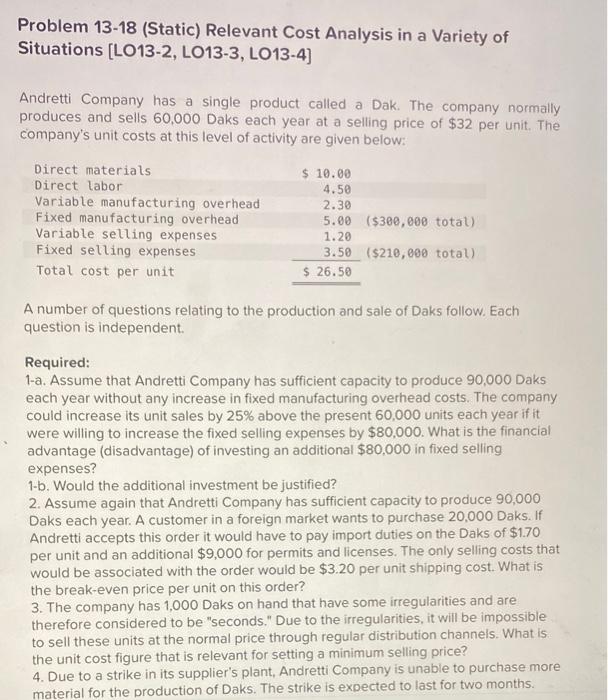 Solved Problem 13-18 (Static) Relevant Cost Analysis in a | Chegg.com