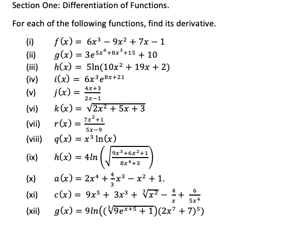 Solved Section One: Differentiation of Functions.For each of | Chegg.com