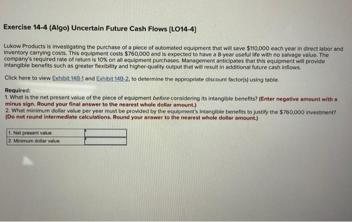 Solved Exercise 14-4 (Algo) Uncertain Future Cash Flows | Chegg.com Solved Exercise 14-4 (Algo) Uncertain Future Cash Flows | Chegg.com