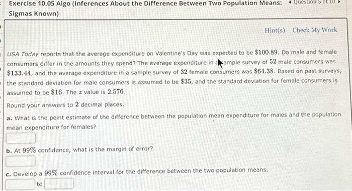 Solved Exercise 10.05 Algo (Inferences About the Difference | Chegg.com