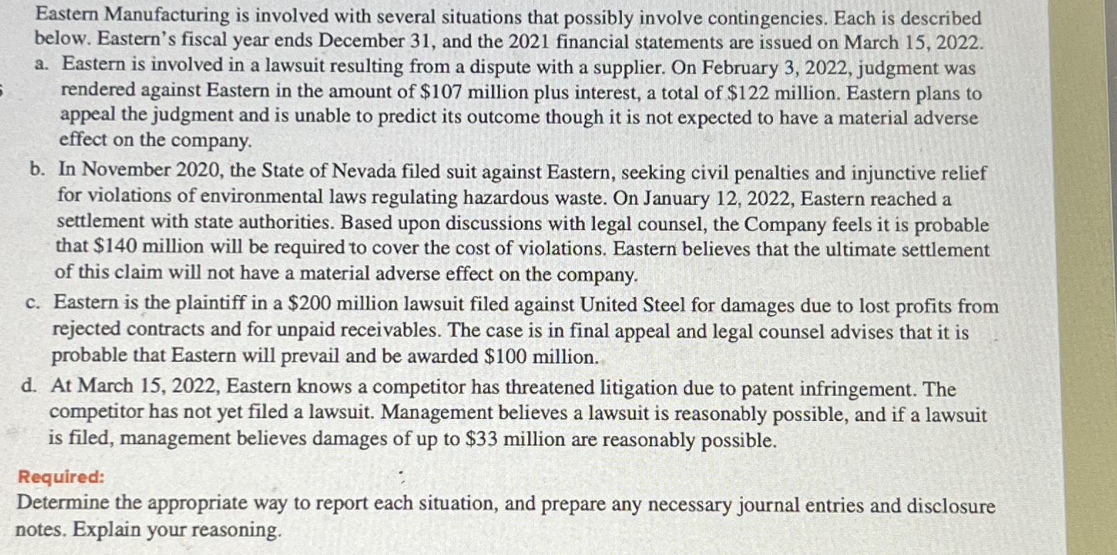 Solved Eastern Manufacturing is involved with several | Chegg.com