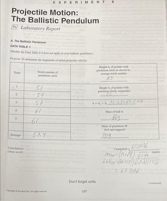 Solved 8 EXPERIMENT Projectile Motion: The Ballistic | Chegg.com
