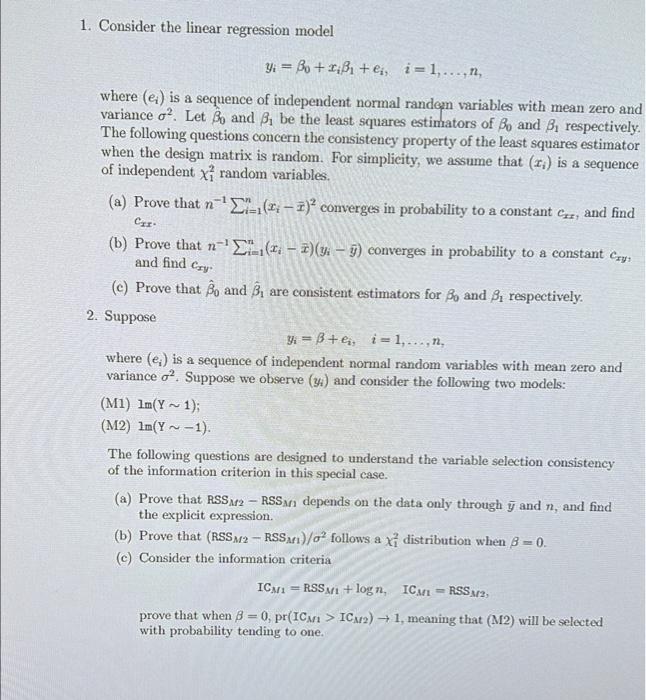 Solved 1. Consider the linear regression model | Chegg.com