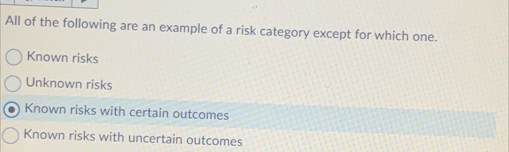 Solved All of the following are an example of a risk | Chegg.com