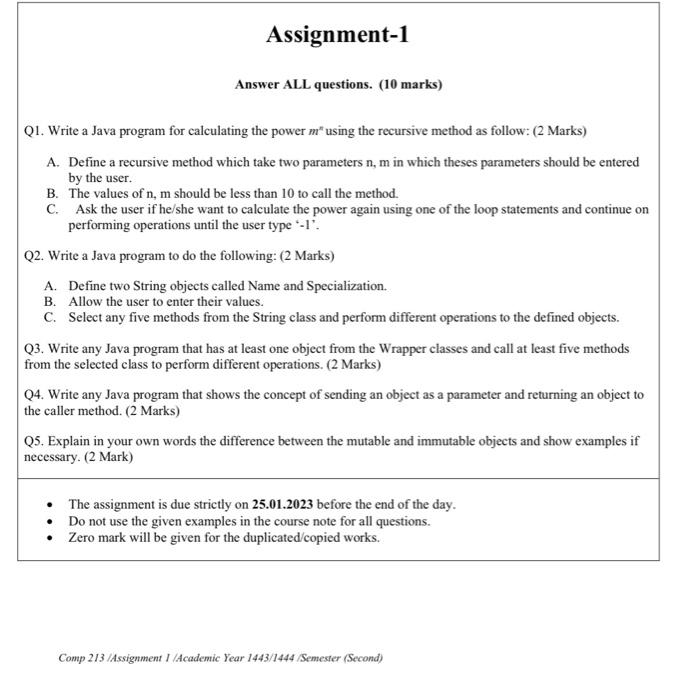 Solved Q1 Write A Java Program For Calculating The Power Mn 