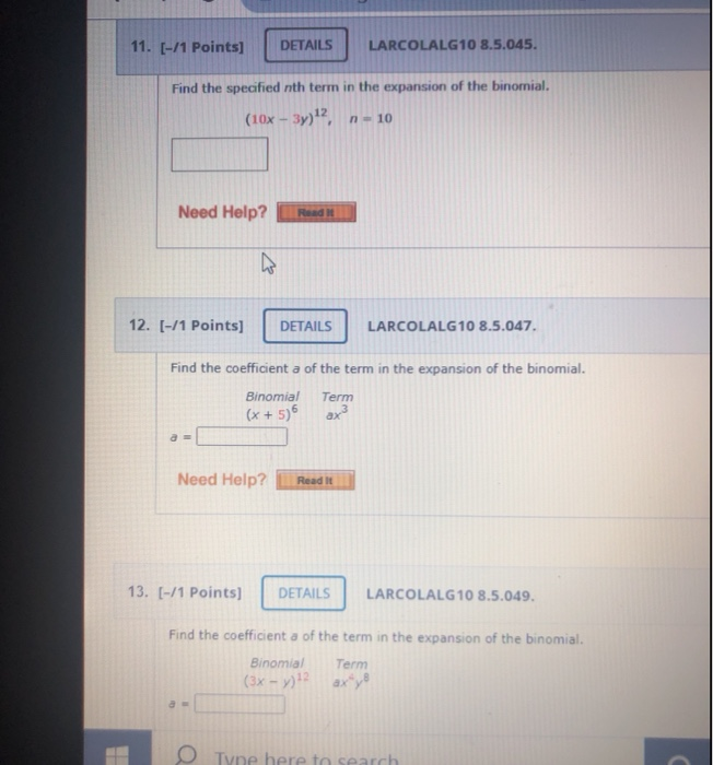 Solved 11. [-/1 Points] DETAILS LARCOLALG10 8.5.045. Find | Chegg.com