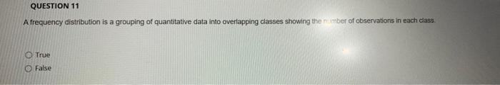 Solved QUESTION 11 A frequency distribution is a grouping of | Chegg.com