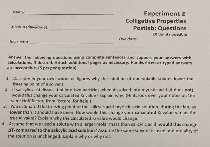 Solved Name: Section (day&time): Experiment 2 Colligative | Chegg.com