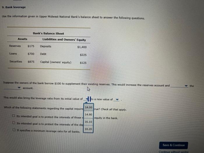 Solved 9. Bank leverage Use the information given in Upper | Chegg.com