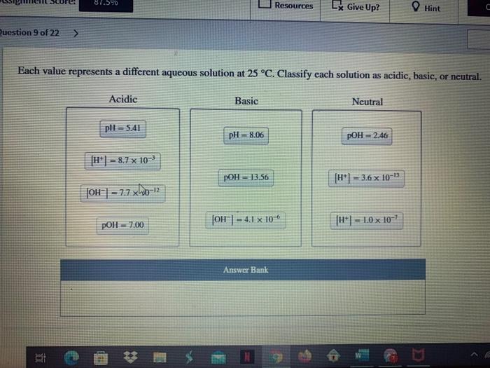Solved 87.5% Resources Lx Give Up? Hint Question 9 of 22 > | Chegg.com
