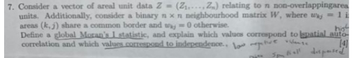 Solved Consider a vector of areal unit data Z=(Z1,dots,Zn) | Chegg.com