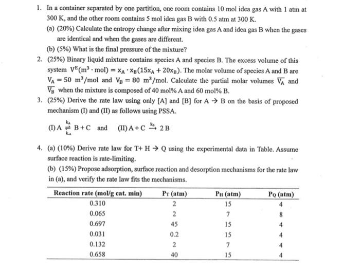 Solved 1. In a container separated by one partition, one | Chegg.com