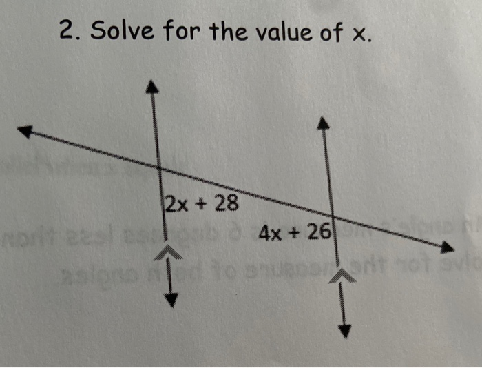 Solved 2. Solve for the value of x. 2x + 28 4x + 26 | Chegg.com