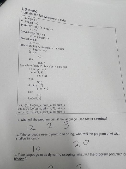 Solved 2. ( 9 points) Consider the following pseudo code: a. | Chegg.com