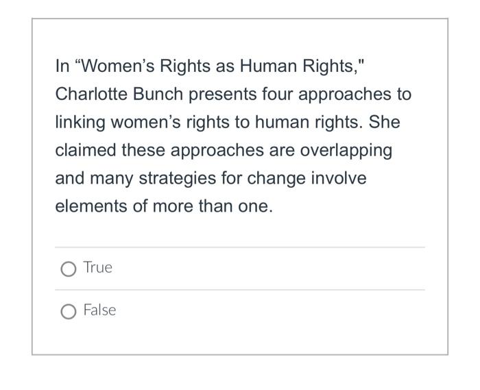 Charlotte Bunch in "Women's Rights as Human Rights" | Chegg.com