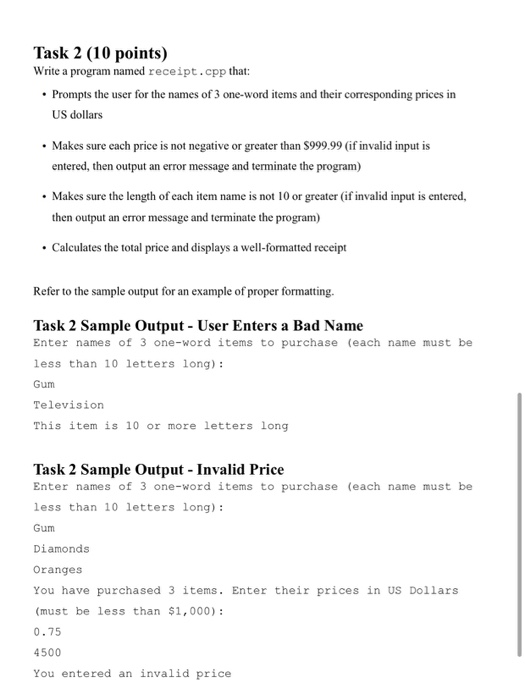 Solved Task 2 (10 points) Write a program named receipt.cpp | Chegg.com