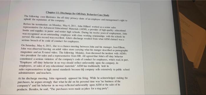 Solved Chapter 11: Discharge for Ow-Duty Behavior Case Study | Chegg.com