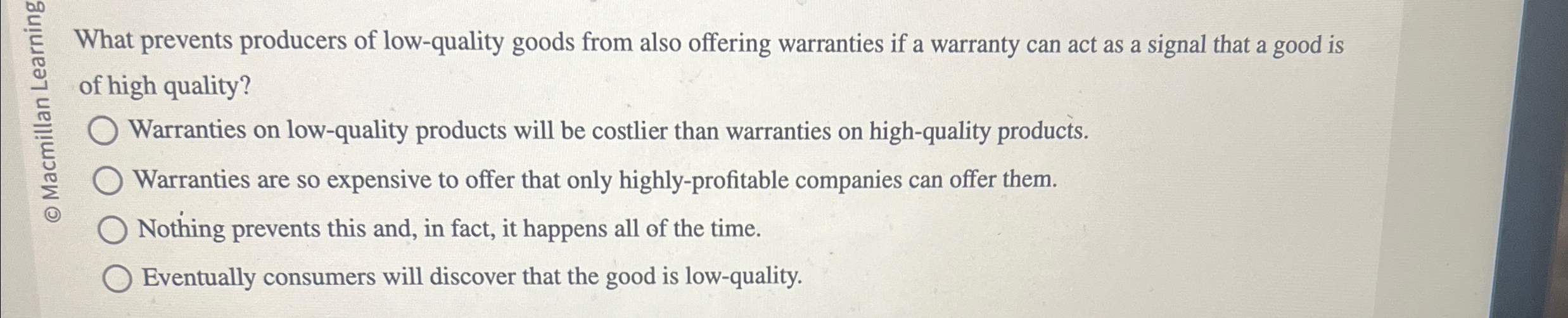 Solved What prevents producers of low-quality goods from | Chegg.com