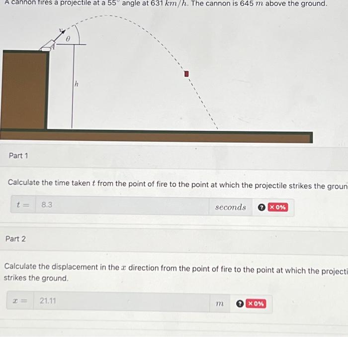 Solved A cannon fires a projectile at a 55° angle at 631 | Chegg.com