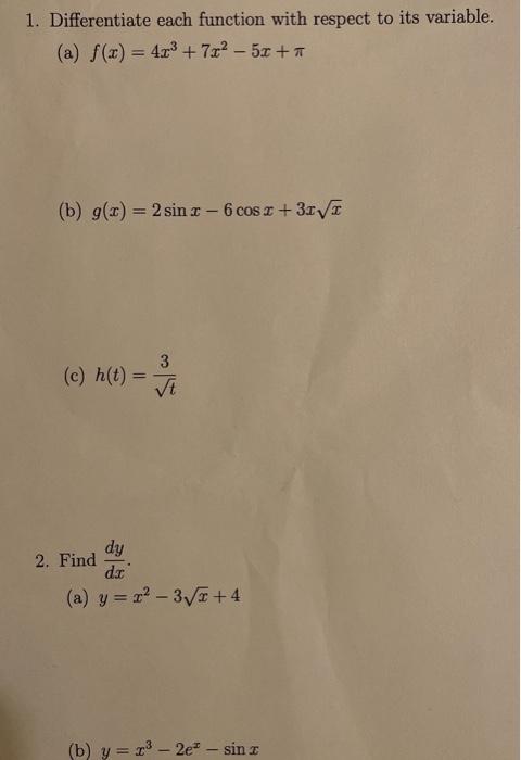 Solved 1. Differentiate each function with respect to its | Chegg.com