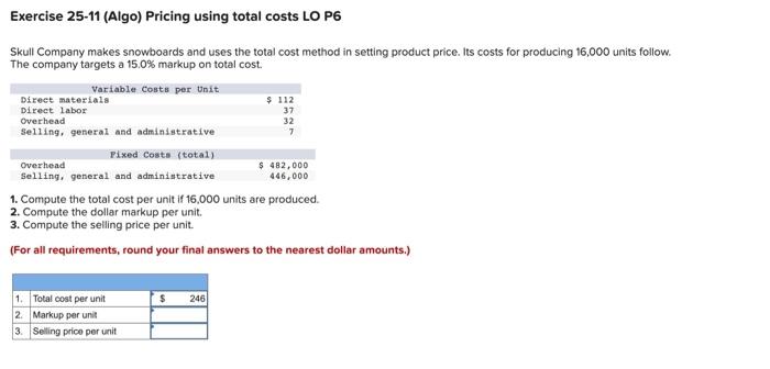 Solved Exercise 25-11 (Algo) Pricing using total costs LO P6 | Chegg.com