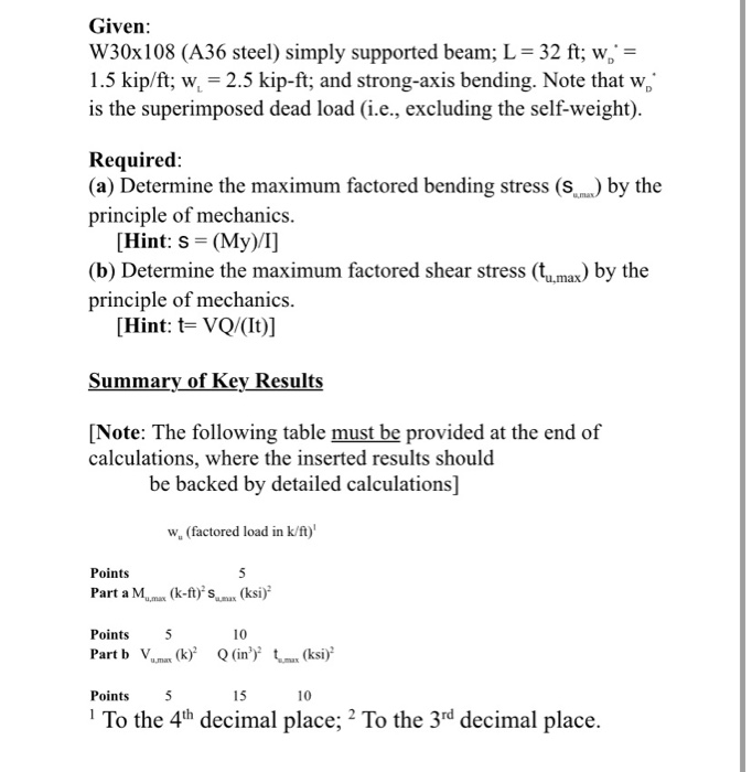 Solved Given: W30x108 (A36 steel) simply supported beam; L = | Chegg.com