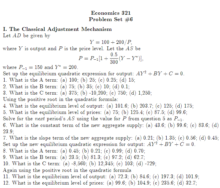 Solved Economics 321Problem Set #6I. The Classical | Chegg.com